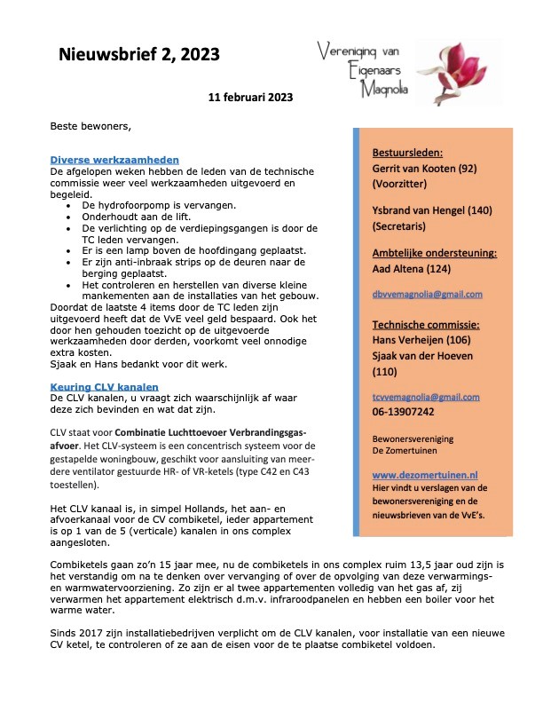 Bewonersvereniging De Zomertuinen - Nieuwsbrieven VvE's.